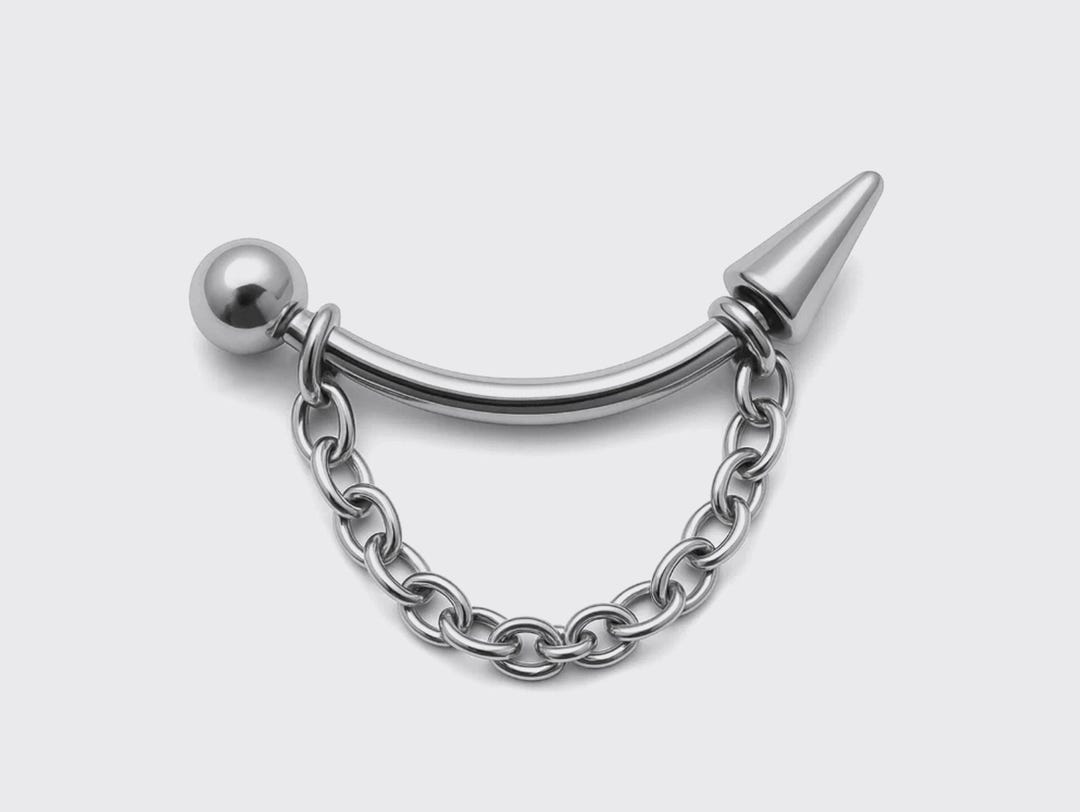 Vertical Labret Curved Barbell Piercing With Chain - Ball/spike Angel ...