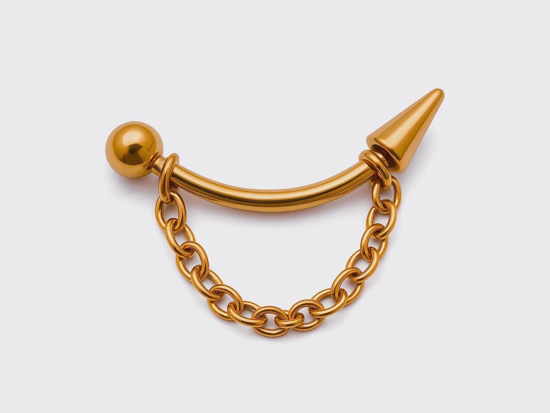 Rose Gold Vertical Labret Curved Barbell Piercing With Chain - Ball ...