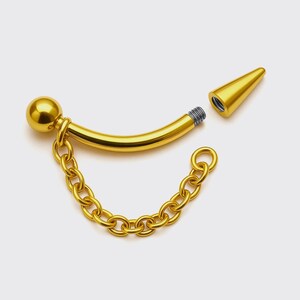 Gold Vertical Labret Curved Barbell Piercing With Chain - Ball/spike Angel Fang Titanium Jewelry ...