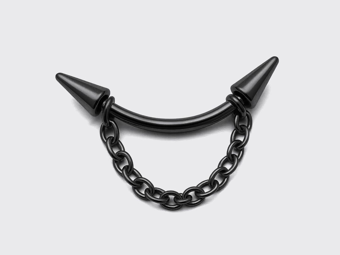 Black Spike Curved Barbell, Vertical Labret Lip Piercing With Chain ...