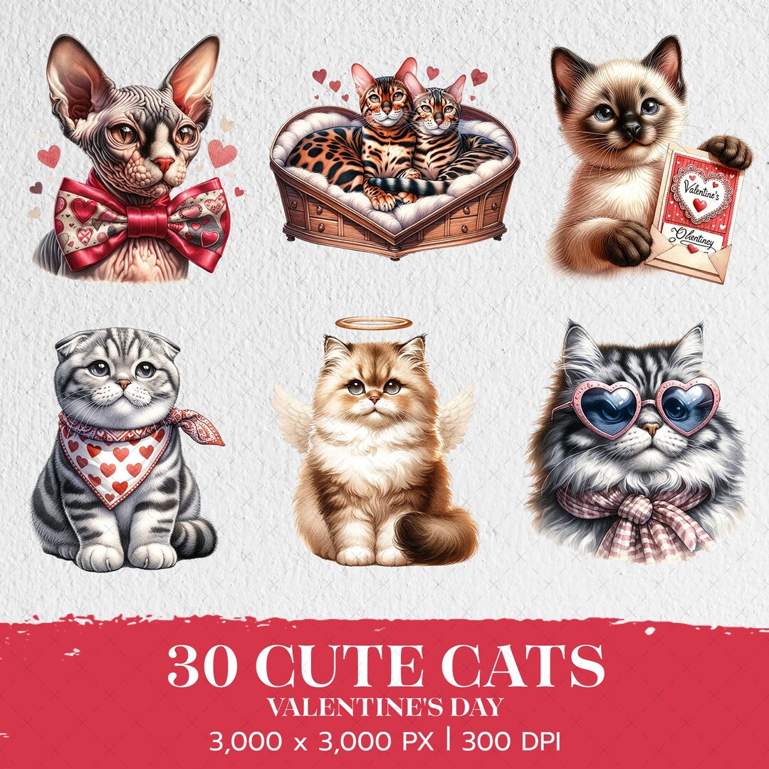 30 Cute Cats Valentine's Day Clip Art, 30 Pet Valentines Day Clipart ...