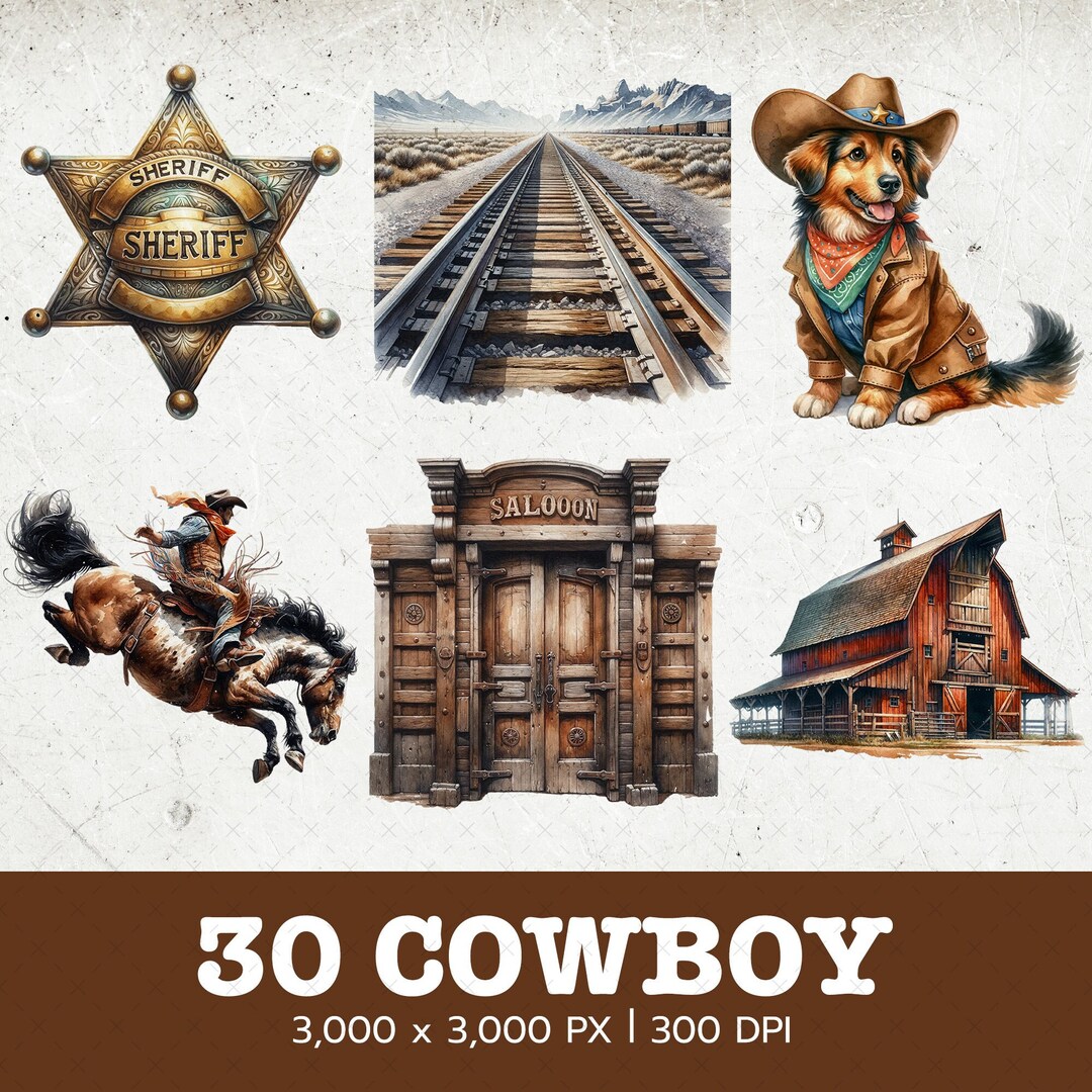 Watercolor Western Cowboy Clipart, Digital Images, Wild West - Etsy