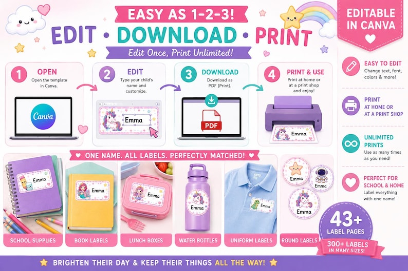 Editable Kawaii School Labels, Printable Name Labels Bundle, School ...