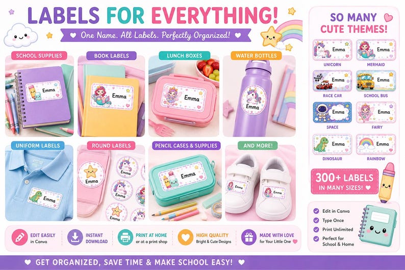 Editable Kawaii School Labels, Printable Name Labels Bundle, School ...