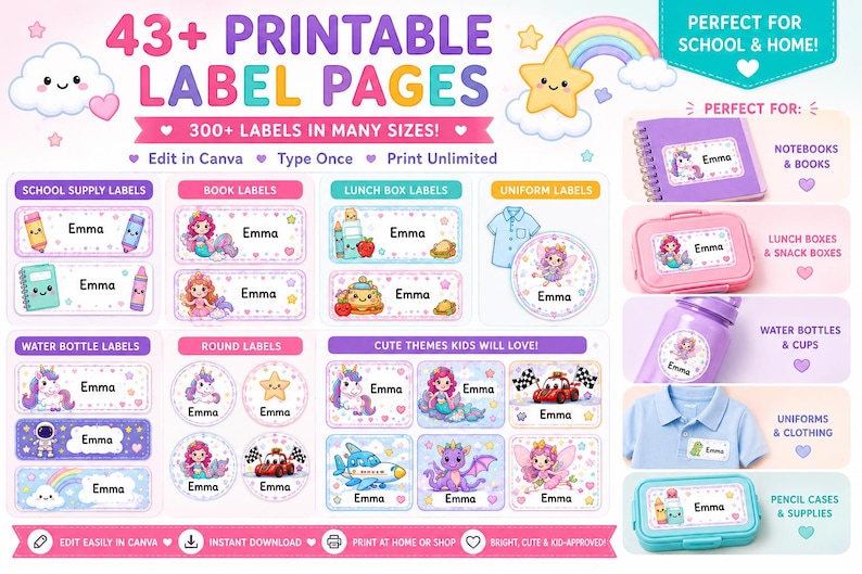 Editable Kawaii School Labels, Printable Name Labels Bundle, School ...