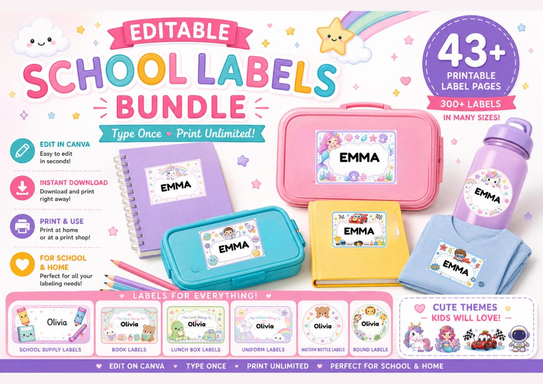 Editable Kawaii School Labels, Printable Name Labels Bundle, School ...
