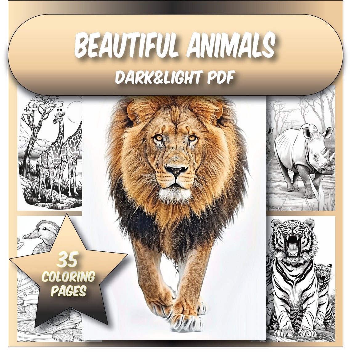 35 Animals Coloring Pages , Adults Coloring Book, Grayscale Coloring ...