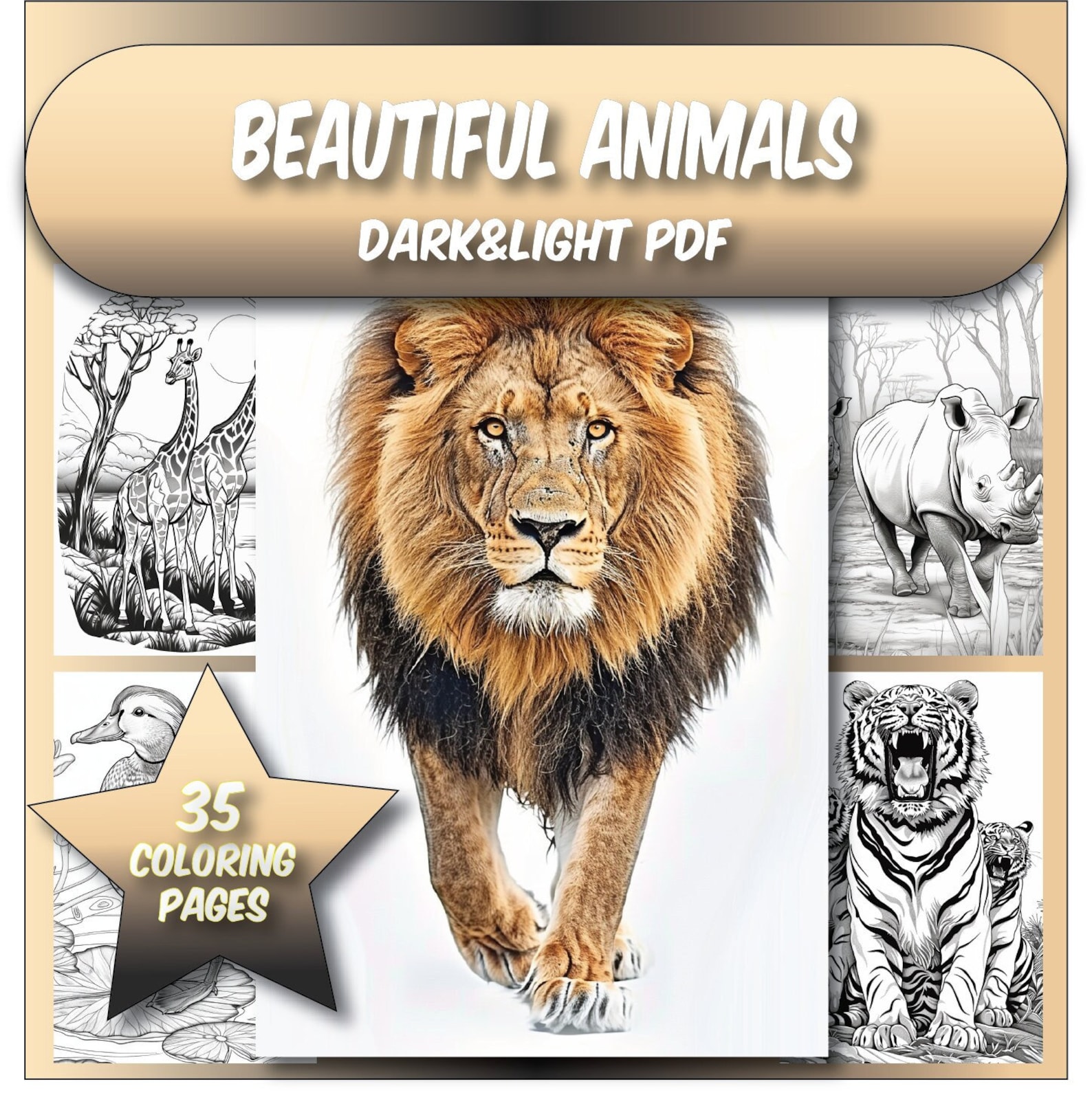 35 Animals Coloring Pages , Adults Coloring Book, Grayscale Coloring ...