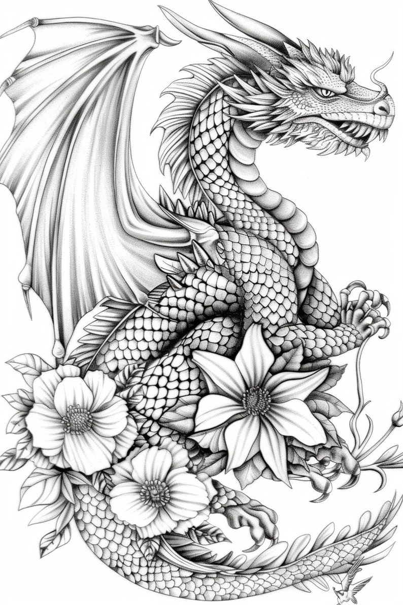 40 Dragons Coloring Pages , Adults Coloring Book, Grayscale Coloring ...