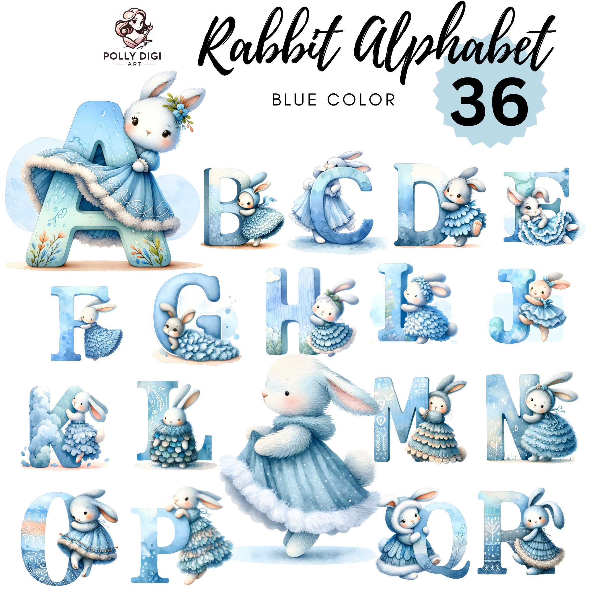 Bunny Rabbit Clipart Alphabet PNG, PNG Letters, Blue Font, Blue Rabbit ...