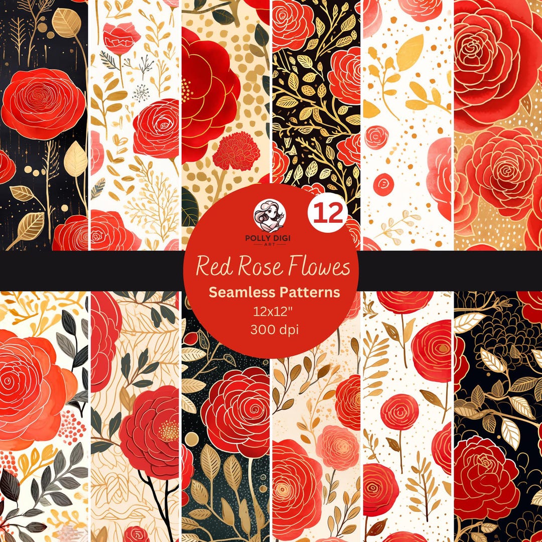 12 Red Rose Flower Patterns Seamless Watercolor Floral JPG Download ...