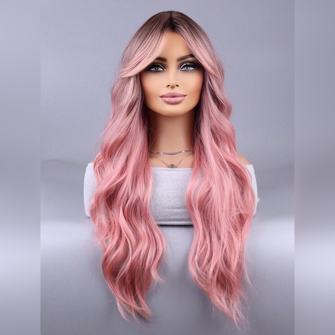 Pink Wigs With Bangs Long Pink Wig For Women Long Wavy Pink Ombre Wigs Synthetic Heat Resistant