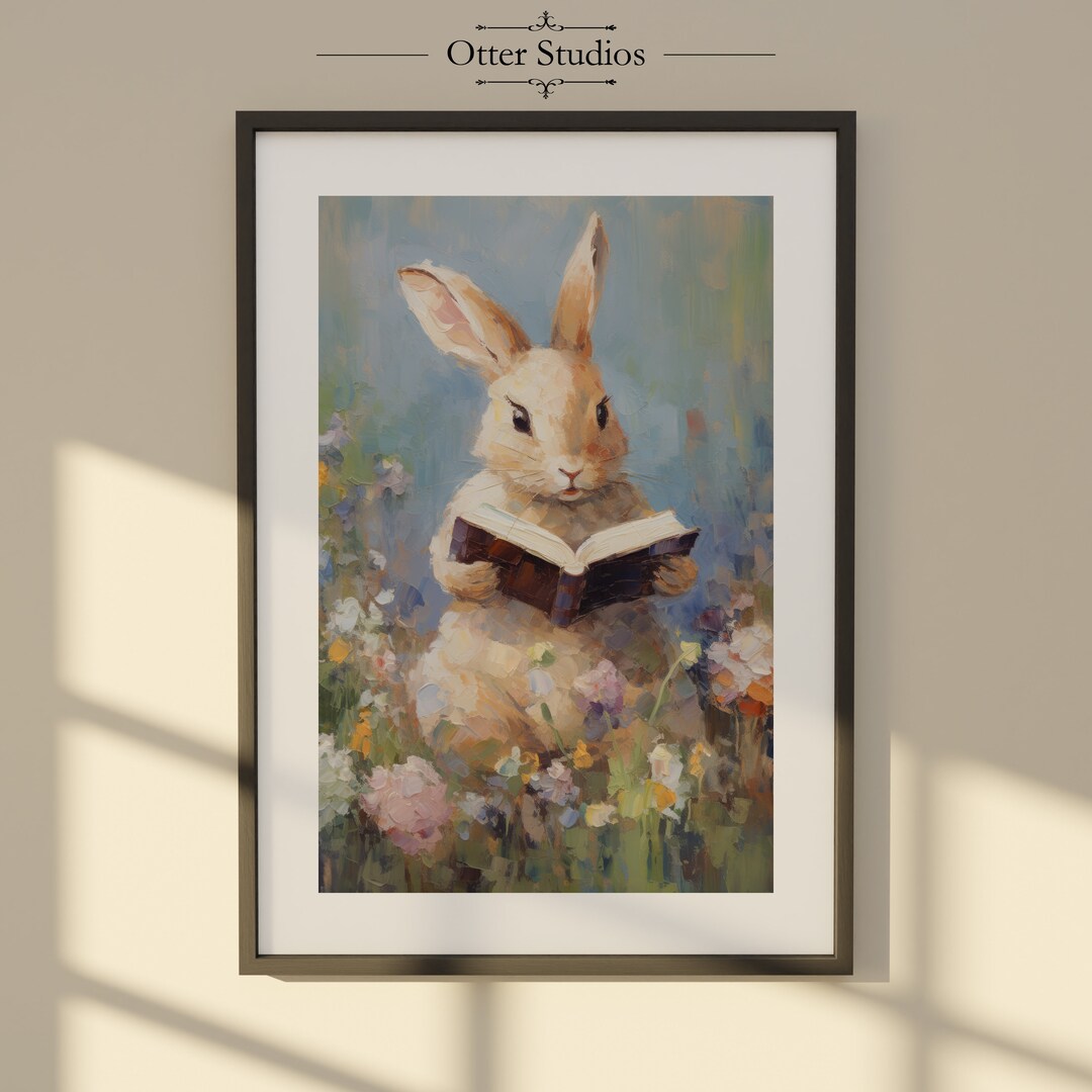 Cute Bunny Reading Bunny Reading Wall Art Easter Wall Art Digital Art ...