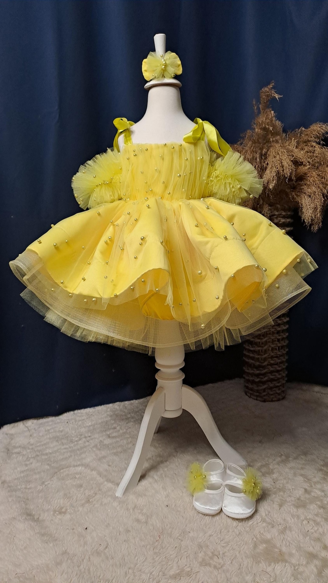 Luxury Yellow Tulle Party Dress With Pearl Accents, Elegant Girl Dress ...