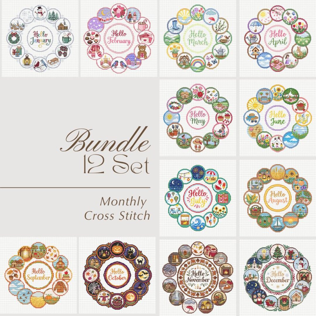 Bundle 12 Set Monthly Cross Stitch | Hello January to December Pattern ...