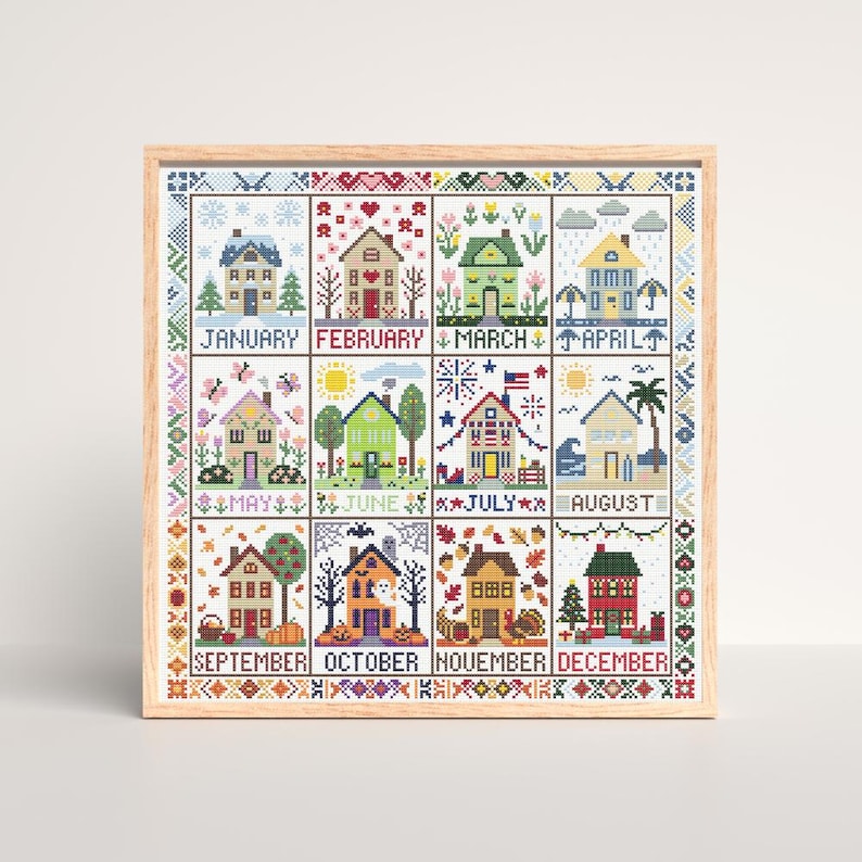 12 Month House Calender Cross Stitch Pattern, Monthly Seasonal Sampler ...
