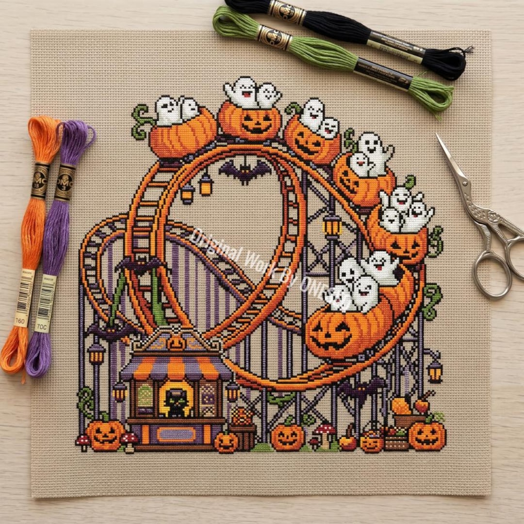 Halloween Carnival Roller Coaster Cross Stitch Pattern, Spooky Ghost ...