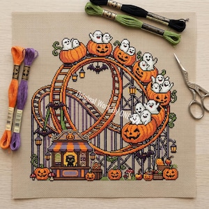Halloween Carnival Roller Coaster Cross Stitch Pattern, Spooky Ghost ...