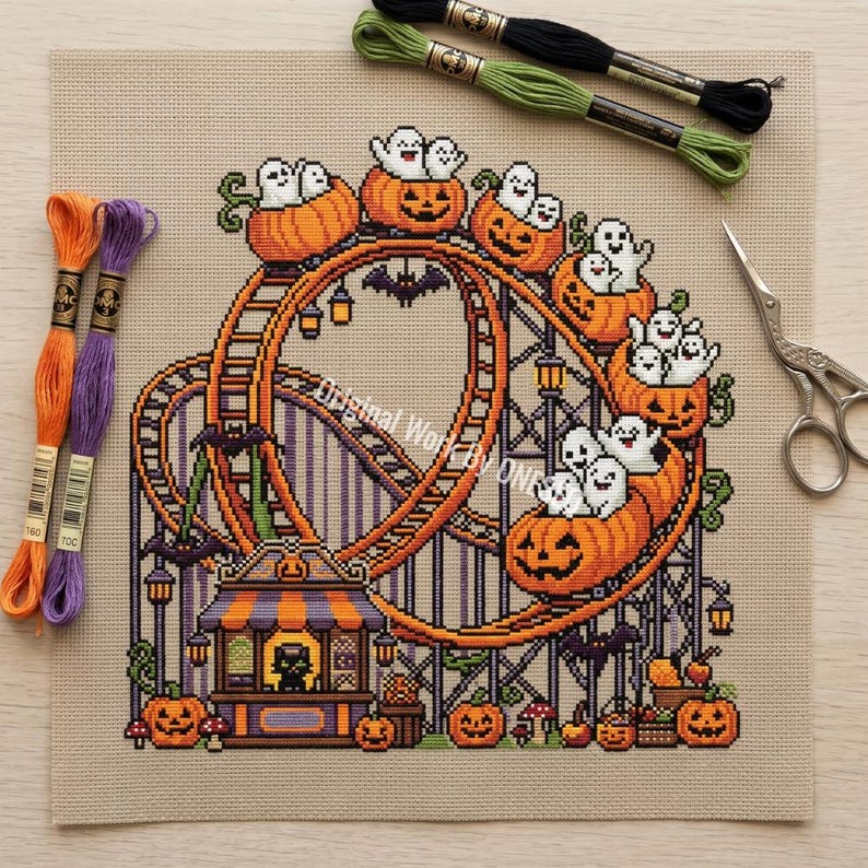 Halloween Carnival Roller Coaster Cross Stitch Pattern, Spooky Ghost ...