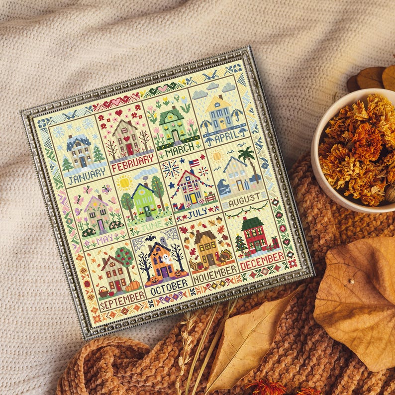12 Month House Calender Cross Stitch Pattern, Monthly Seasonal Sampler ...