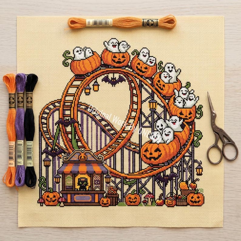 Halloween Carnival Roller Coaster Cross Stitch Pattern, Spooky Ghost ...