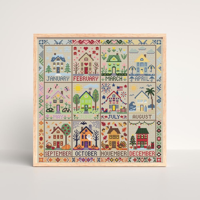 12 Month House Calender Cross Stitch Pattern, Monthly Seasonal Sampler ...