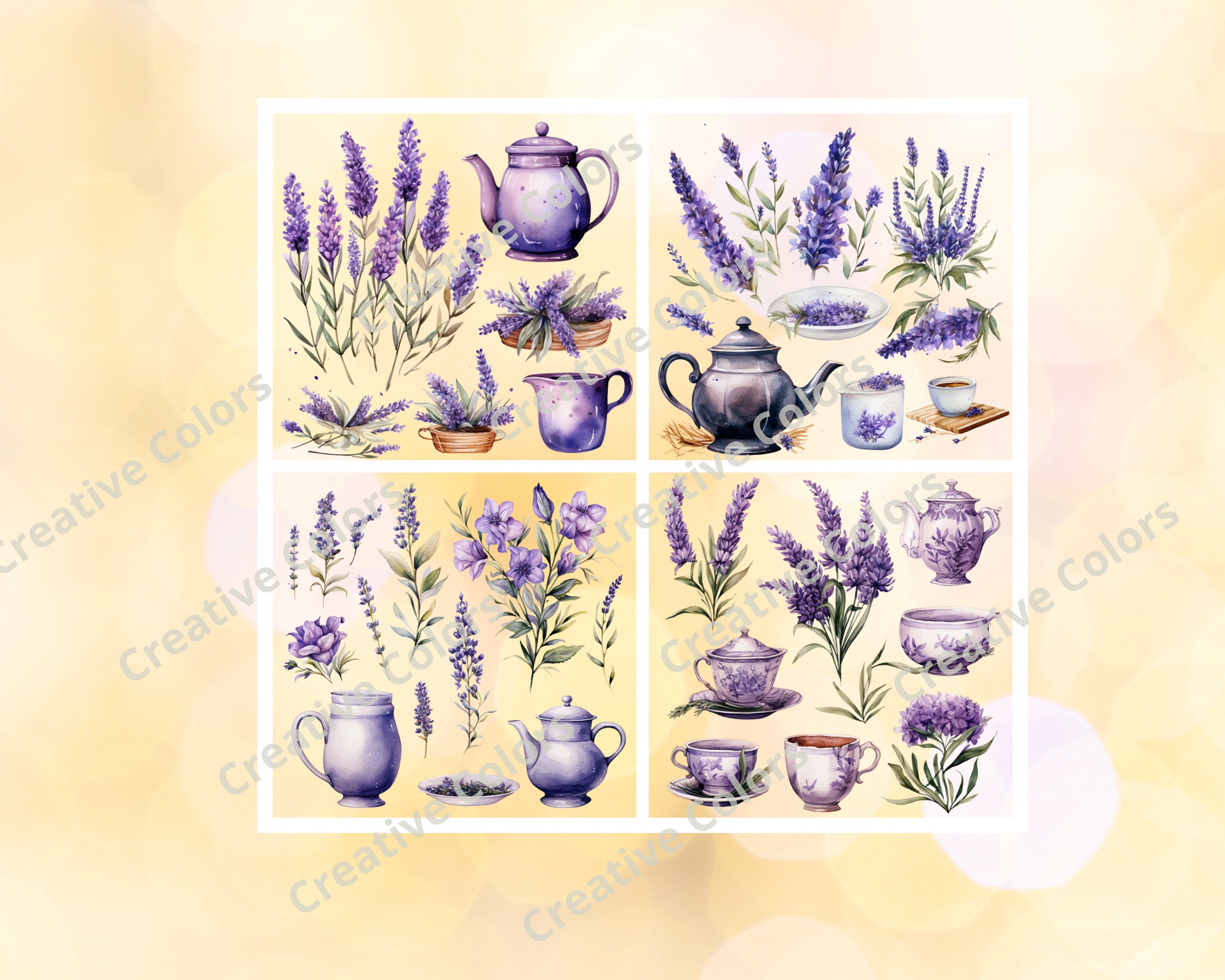 24 Watercolor Lavender Tea Set Clipart High Quality Pngs Digital ...