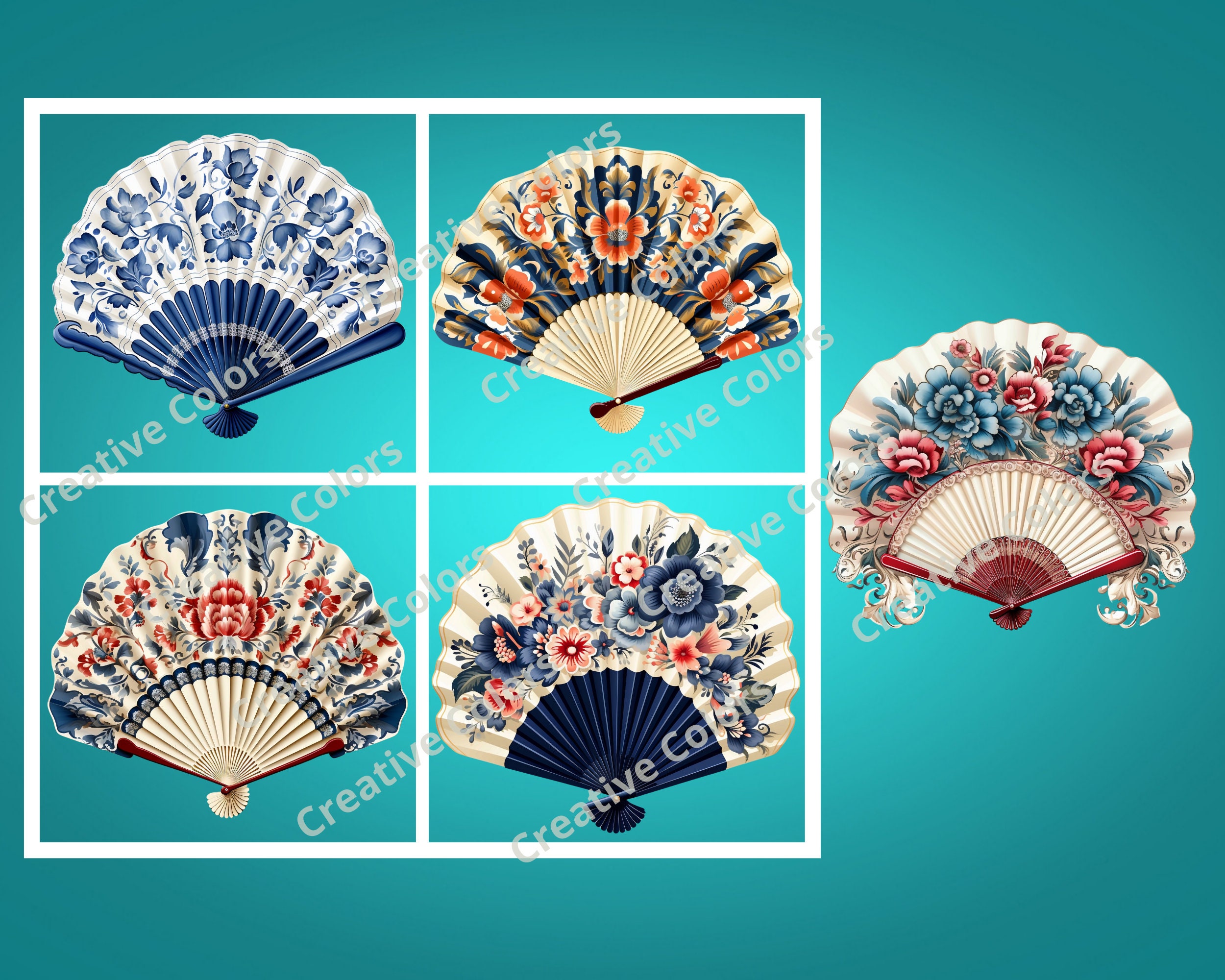 20 Watercolor Spanish Hand Fans Clipart High Quality Pngs Digital ...