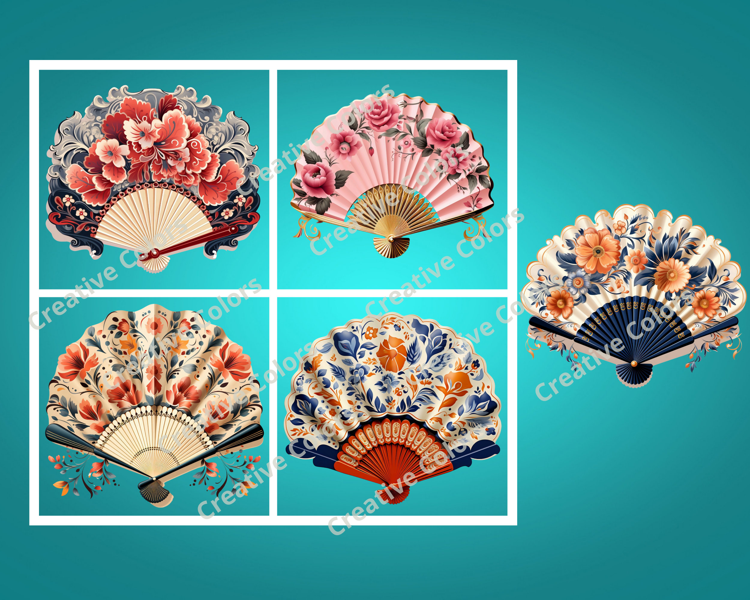 20 Watercolor Spanish Hand Fans Clipart High Quality Pngs Digital ...