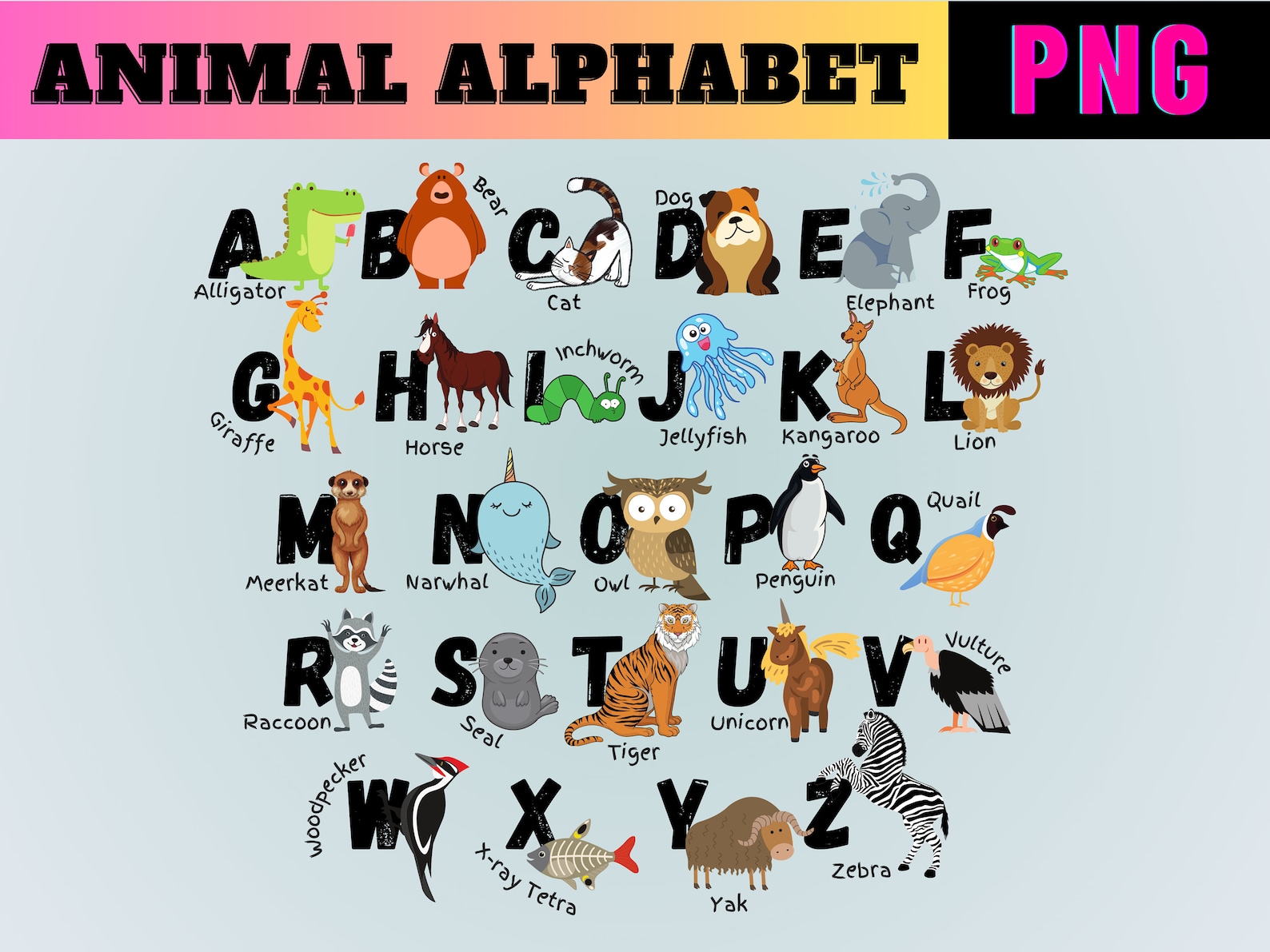 Alphabet Animals PNG Digital File for Sublimation or Cutting Machines ...