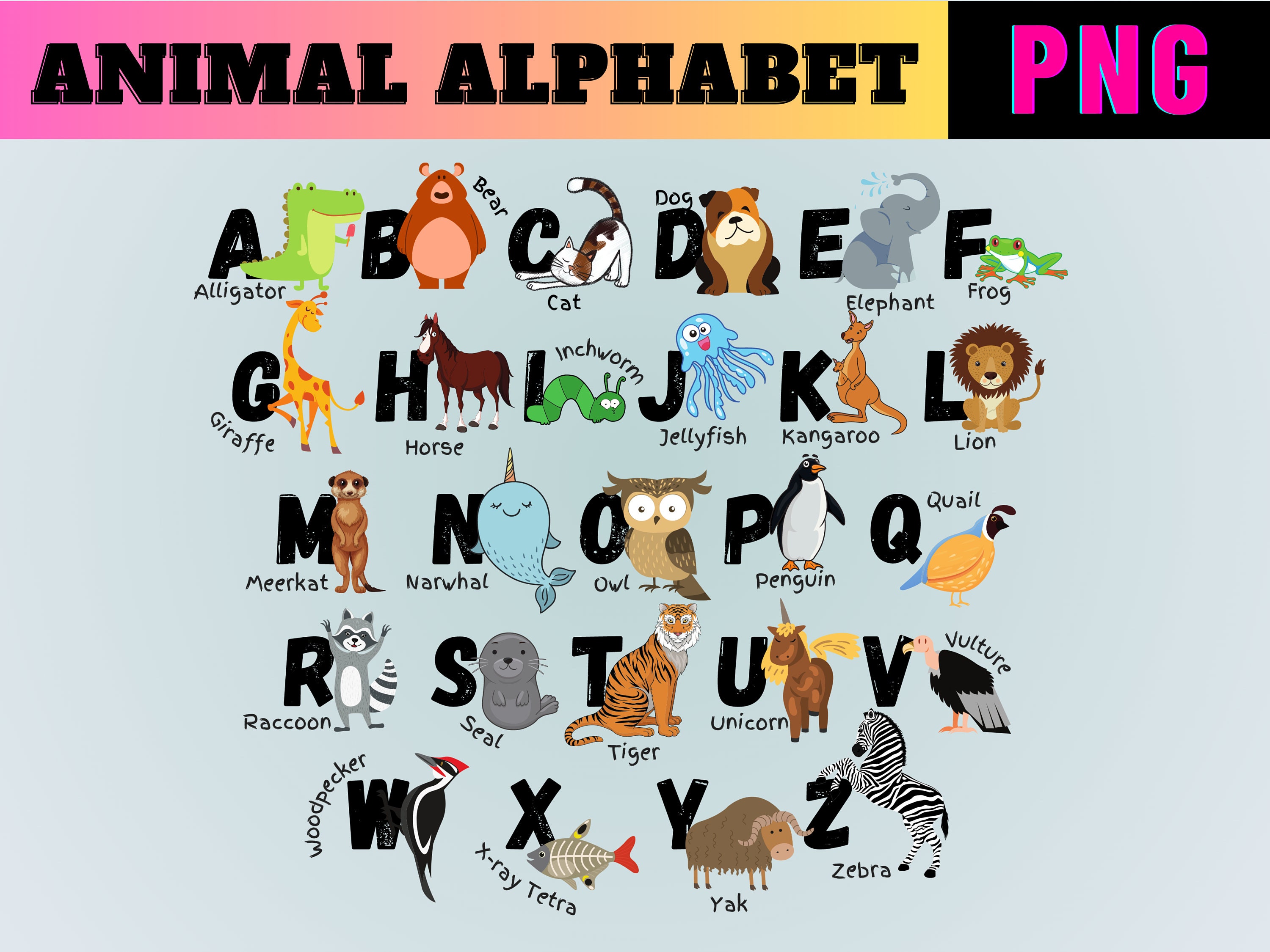 Alphabet Animals PNG Digital File for Sublimation or Cutting Machines ...