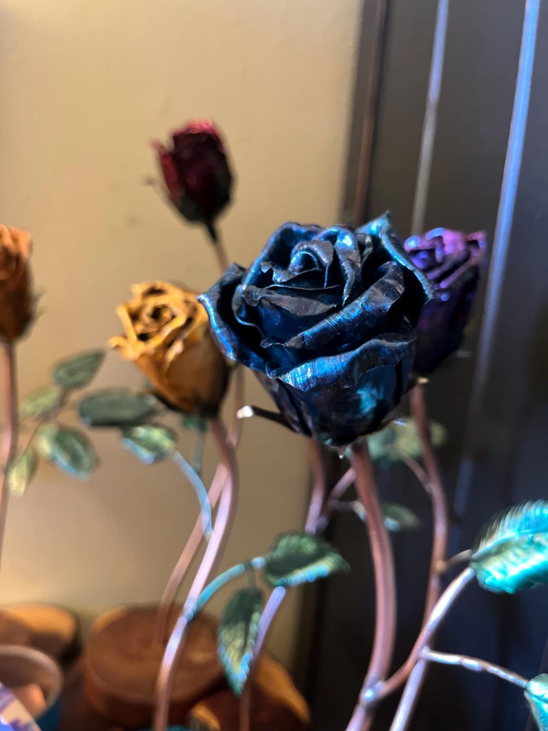 Copper Long Stem Rose Painted Rose With Leaves Metal Art Copper Flower ...