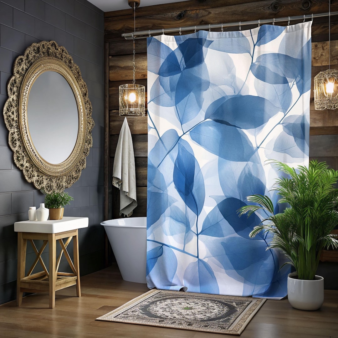 Blue Botanical Leaf Pattern Shower Curtain, Nature-inspired Bathroom ...