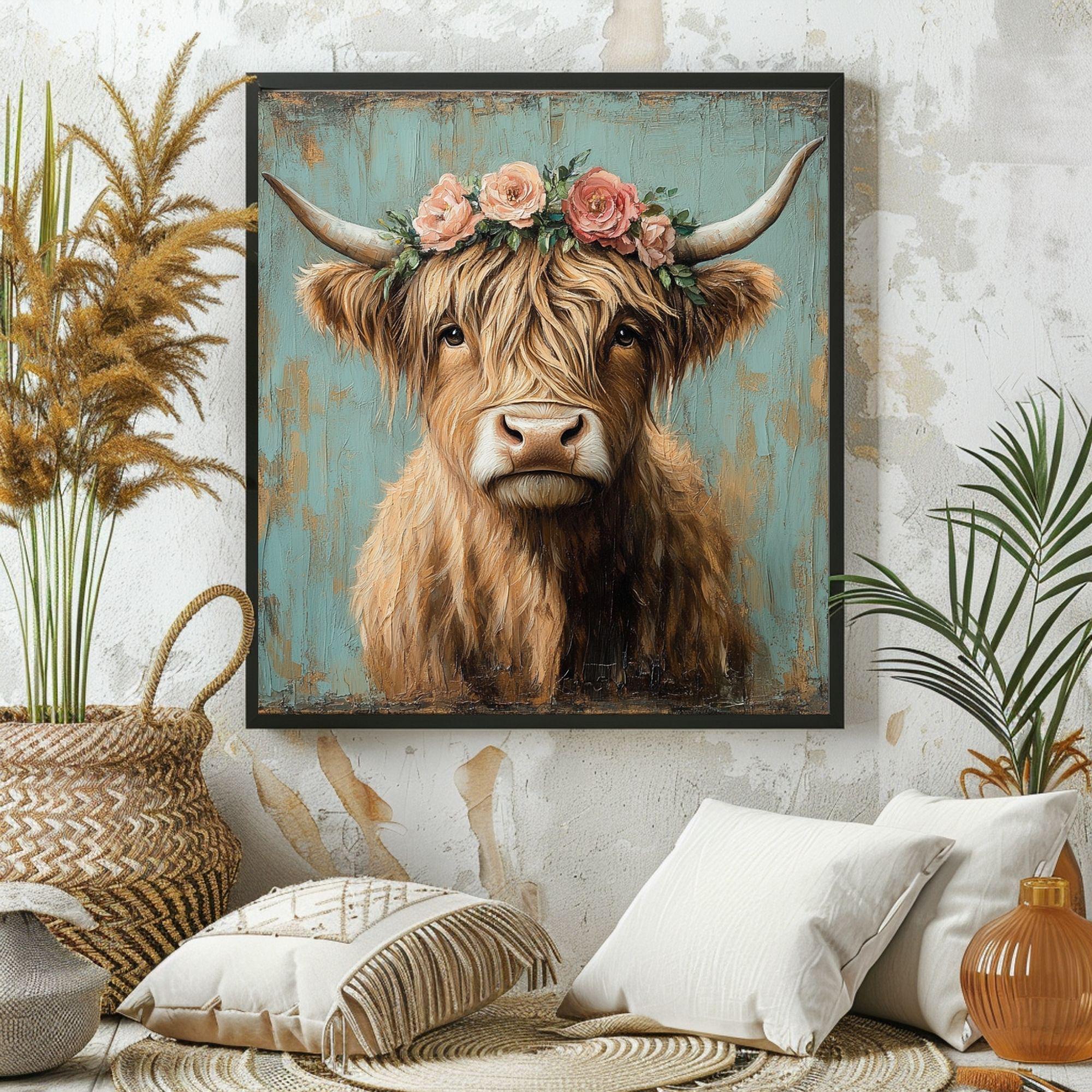 Highland Cow Wall Art, Rustic Cow Print, Highland Cattle Framed Canvas ...