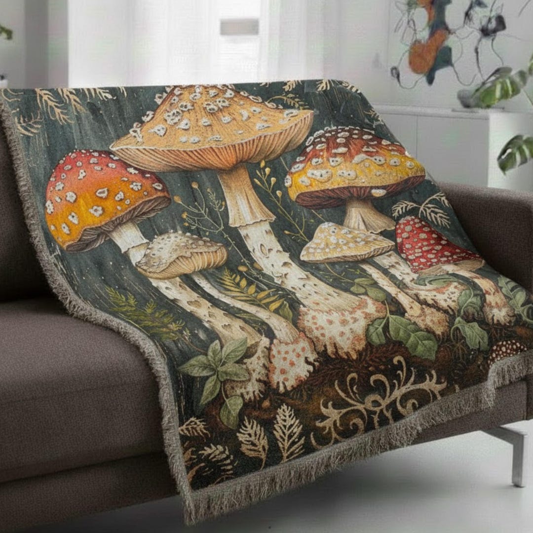 Mushroom Woven Blanket, Woodland Fungi Throw, Rustic Tapestry Wall ...