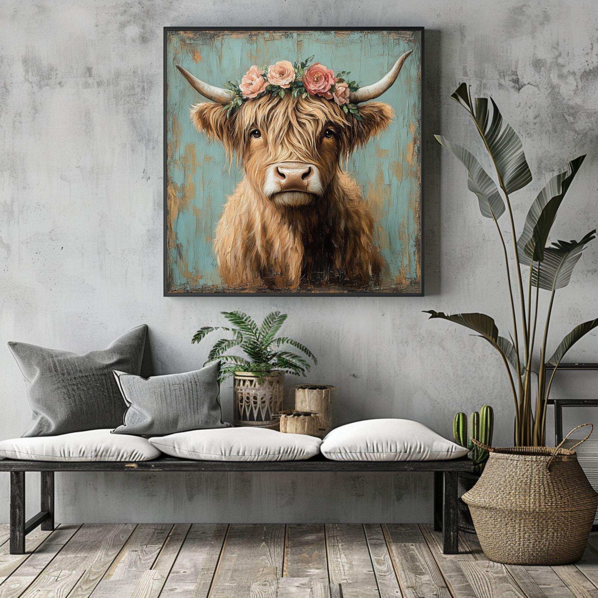Highland Cow Wall Art Canvas, Rustic Farmhouse Decor Print, Extra Large ...