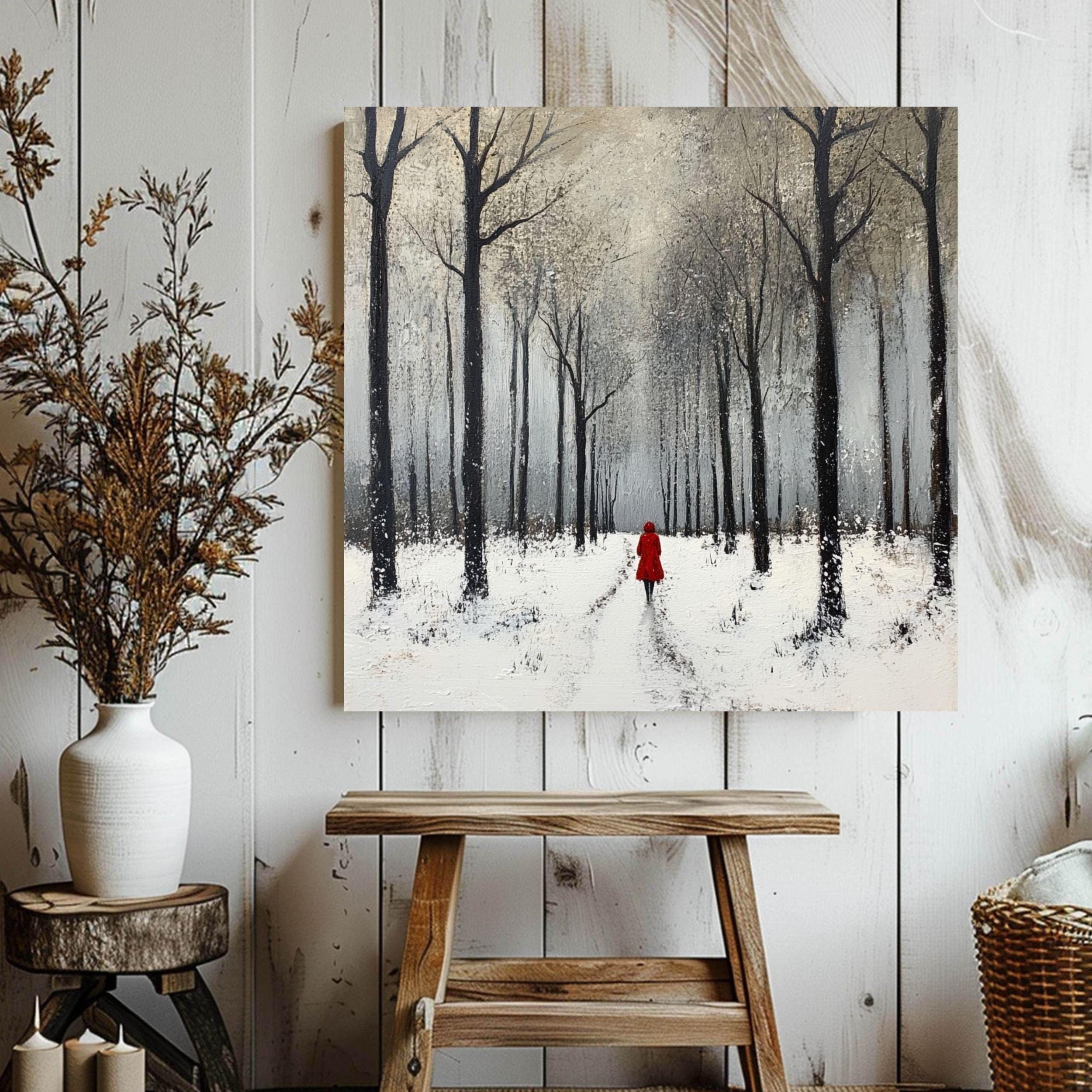 Winter Forest Scene Wall Art, Cozy Snowy Trees Black Framed Canvas Art ...