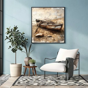 Old Rustic Boat on Shore Canvas Wall Art, Vintage Boat Painting, Black ...