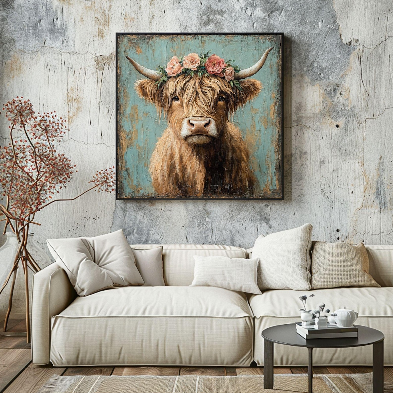Highland Cow Wall Art Canvas, Rustic Farmhouse Decor Print, Extra Large ...