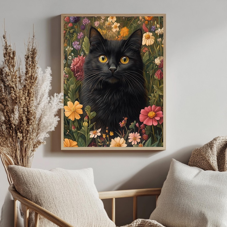 Botanical Garden Cat Framed Canvas Wall Art, Cottagecore Animal Decor ...
