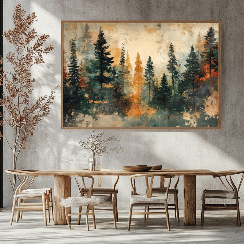 Autumn Pine Forest Wooden Framed Canvas, Warm Earth Tone Landscape Wall ...