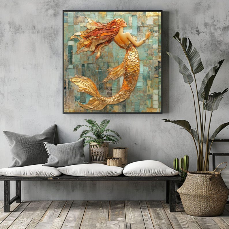 Mosaic Look Gold Mermaid Wall Art, Ocean Fantasy Decor, Elegant Mermaid ...