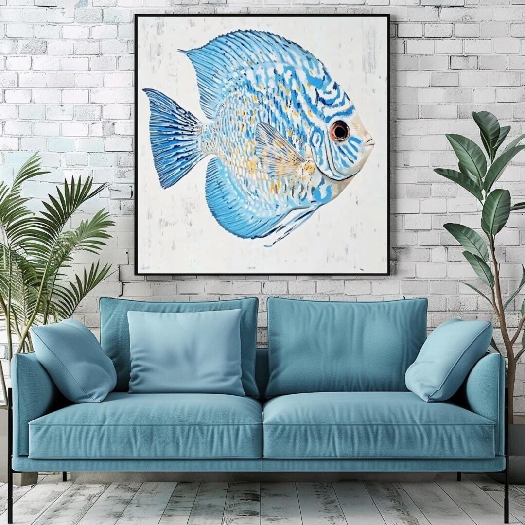 Blue Discus Fish Coastal Wall Art Canvas, Minimalist Wall Decor, Large ...
