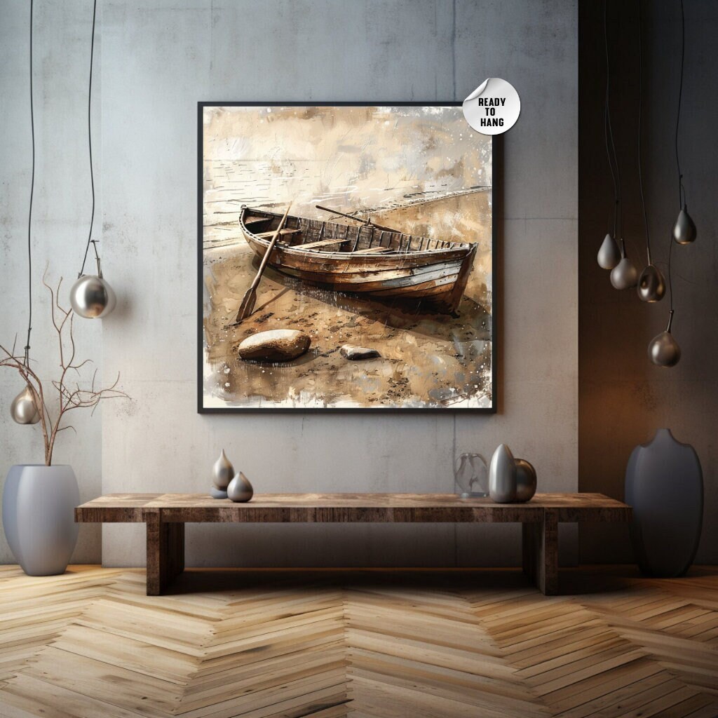 Old Rustic Boat on Shore Canvas Wall Art, Vintage Boat Painting, Black ...