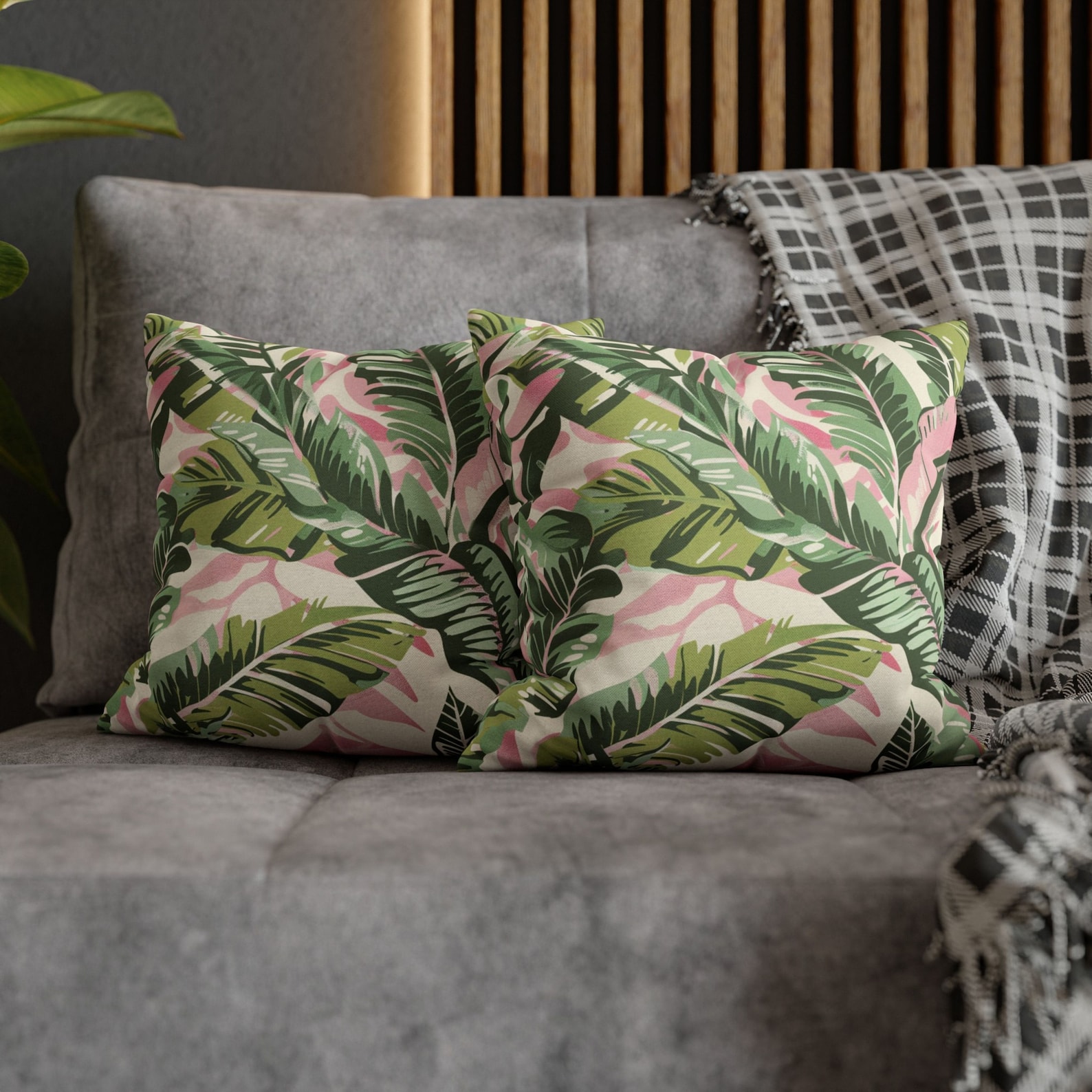 Tropical Pillow Pink and Sage Pillow Palm Leaf Pillow Cover Botanical ...
