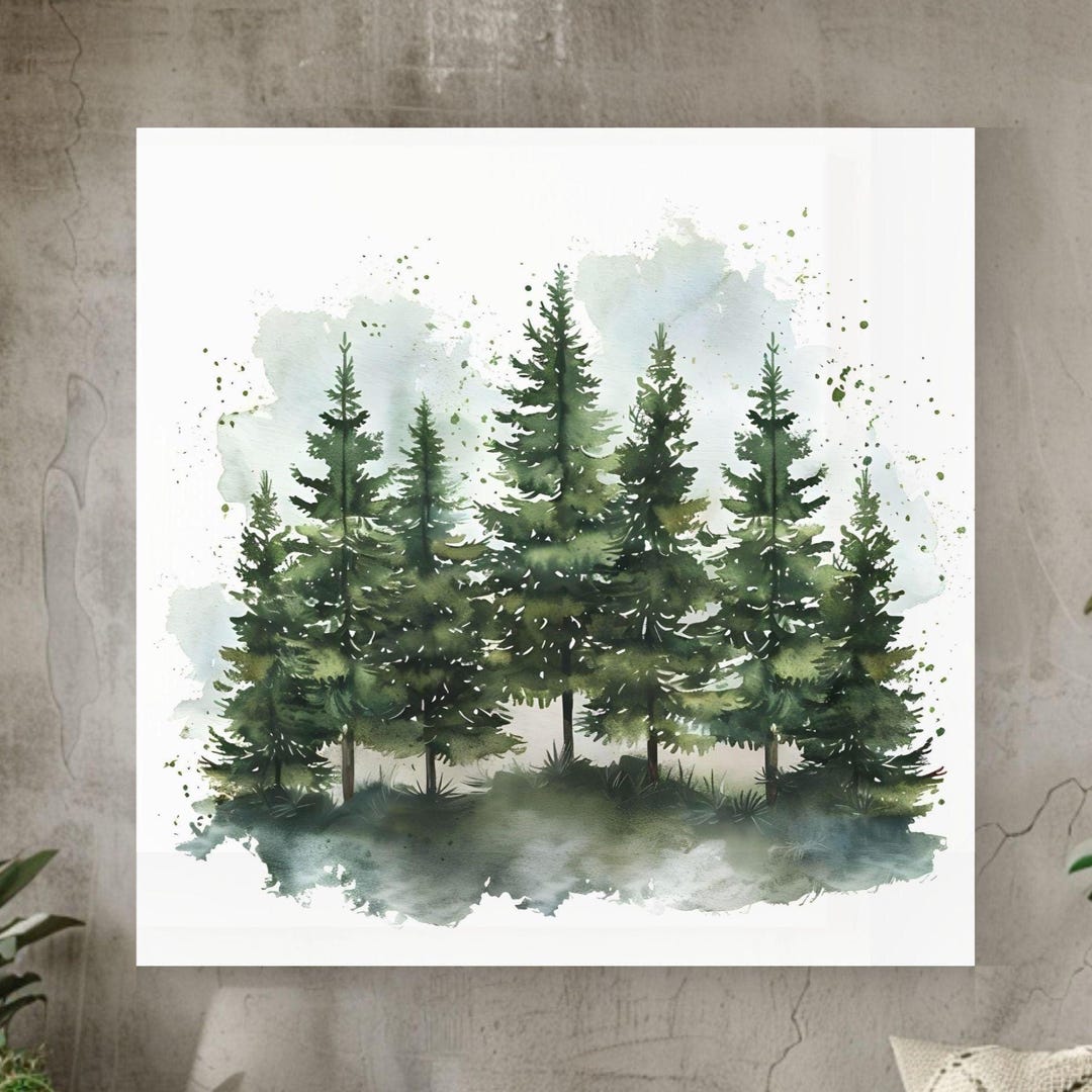Watercolor Pine Tree Forest Canvas Art, Woodland Poster, Tranquil ...