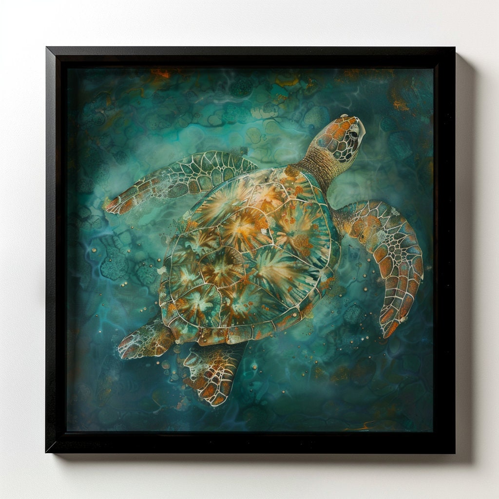Sea Turtle Swimming Canvas Wall Art, Black Framed Wall Art, Sea Animal ...