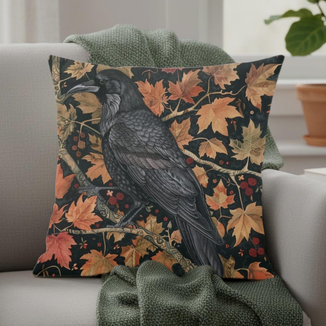 Black Raven Pillow, Autumn Leaves Cushion, William Morris Inspired ...