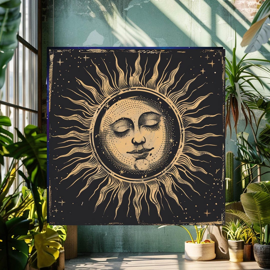 Vintage Celestial Sun Canvas Wall Art, Vintage Style Home Decor, Golden ...