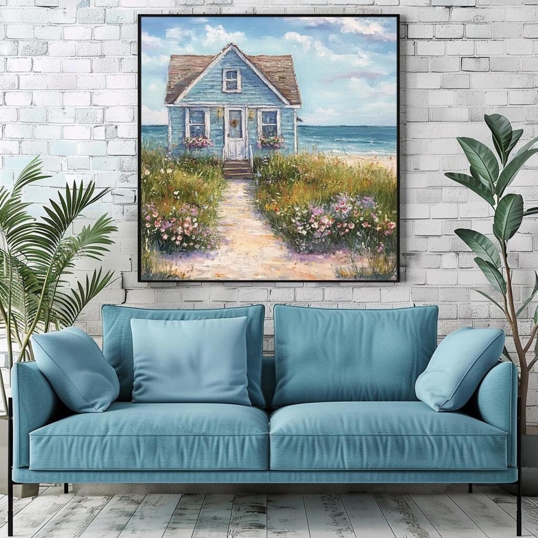 Whimsical Weathered Beach Cottage Wall Art Canvas, Black Framed Art ...